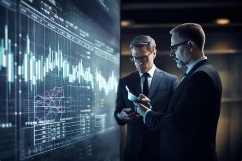 Premium Photo Two Men In Suits Stand In Front Of A Large Screen With Graphs And Charts
