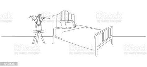 화분 식물이있는 침대와 테이블의 연속 한 줄 그리기 간단한 선형 스타일의 아늑한 수면 침실을위한 스칸디나비아 세련된 가구 편집 가능한 스트로크 낙서 벡터 일러스트 레이 션
