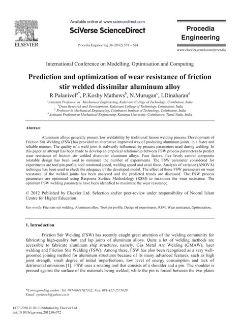 Pdf Prediction And Optimization Of Wear Resistance Of Friction Stir Welded Dissimilar Aluminum