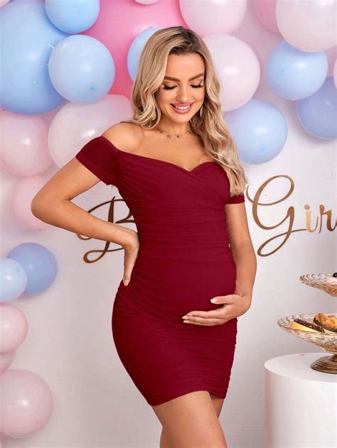 Loomaby Gender Reveal Dress Maternity Off Shoulder Ruched Bodycon Dress