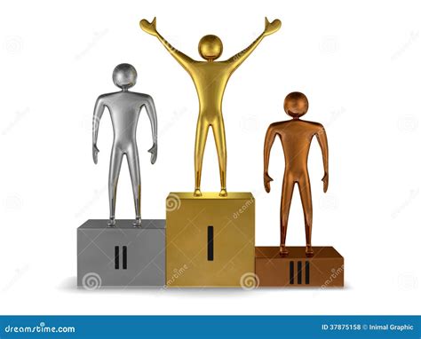 Golden Winner Silver And Bronze Prizetakers On Podium Front View