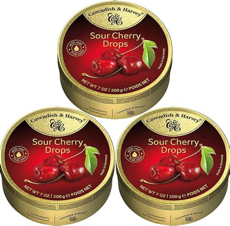 Cavendish And Harvey Sour Cherry Hard Candy Drops 3 Pack 7 Oz Each With Real Fruit Juice And Tart