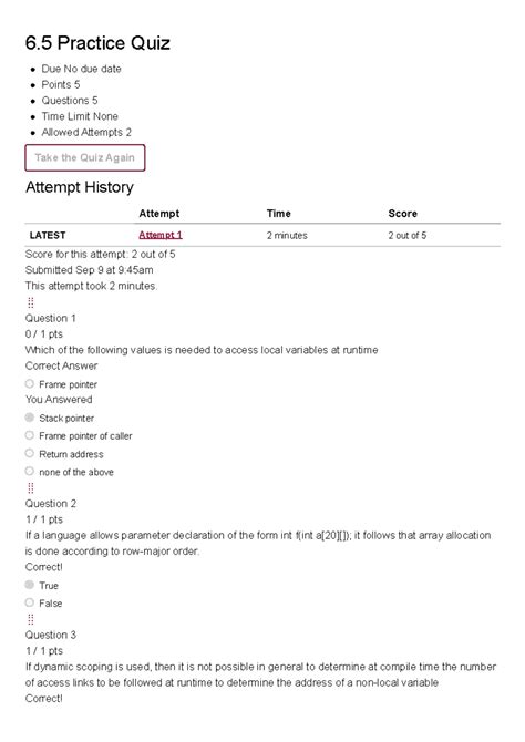 65 Practice Quiz Principles Of Programming Languages Runtime Execution