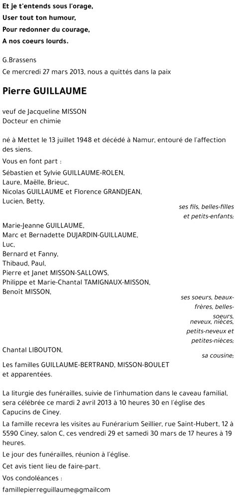 Avis De Décès De Pierre Guillaume Décédé Le 27032013 à Namur