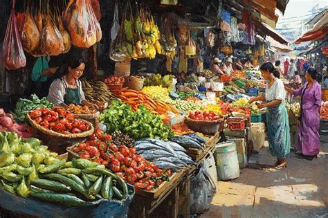 Premium Photo Vibrant Market Scene With Bustling Stalls