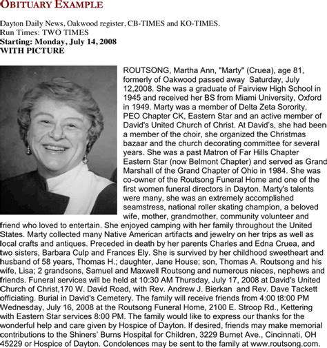 Free Obituary Example Pdf 64kb 1 Pages Templates University