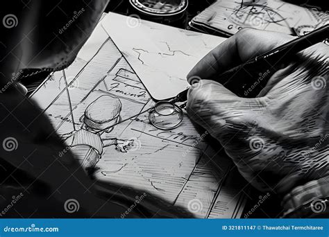 Detectives Investigative Sketch Of Envelope And Crop Diversity With Stippling Technique Stock