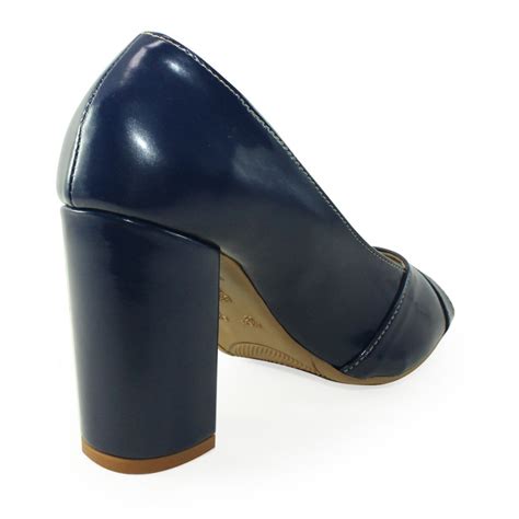 Peep Toe Salto Alto Grosso Luiza Sobreira Verniz Azul Marinho Mod