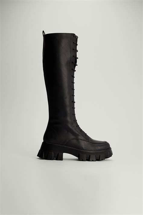 Chunky Overknee Leather Boots Black Na