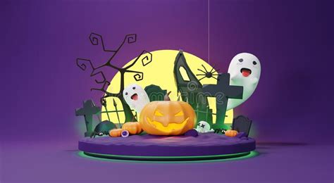 3d Render Happy Halloween Day Background With Night Scene And Cute