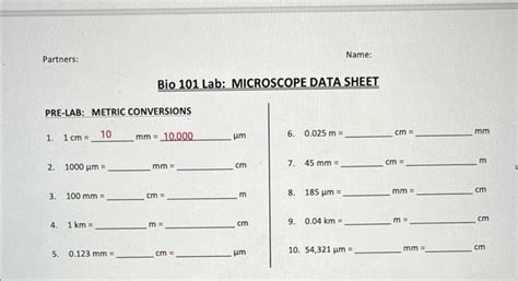 Solved Bio 101 Lab Microscope Data Sheet Pre Lab Metric