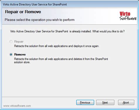 Uninstalling Virto SharePoint Active Directory User Service Web Part