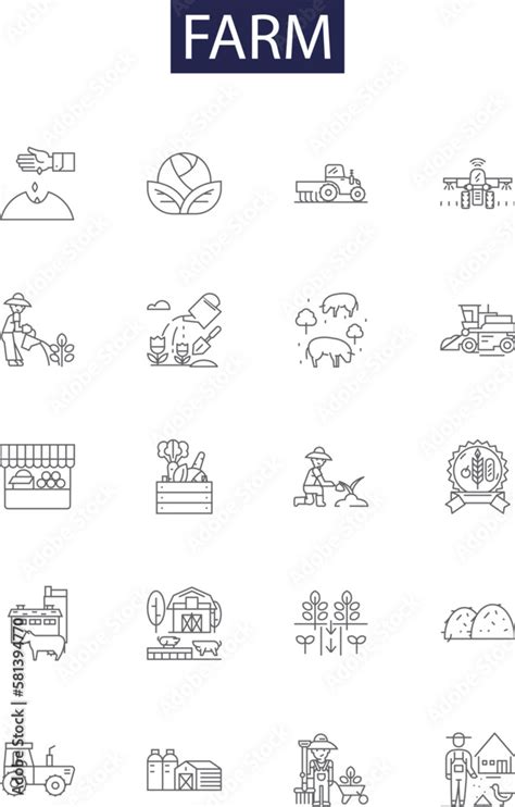 Farm Line Vector Icons And Signs Harvest Agronomy Plough Livestock Plot Irrigation