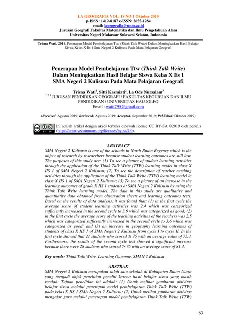 Pdf Penerapan Model Pembelajaran Ttw Think Talk Write Dalam Meningkatkan Hasil Belajar Siswa