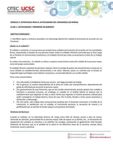 Autocuidado Y Sindrome De Burnout MÓdulo 5 Estrategias Para El