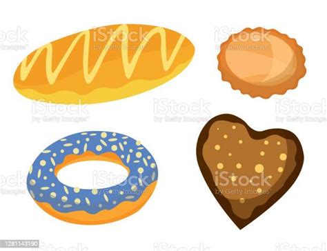 빵 빵집 구색 베이커리 메뉴 레시피 북을 위한 베이킹 페이스트리 제품 세트 바게트 크루아상 쿠키 만두의 만화 귀여운 캐릭터 개체 그룹에 대한 스톡 벡터 아트 및 기타 이미지