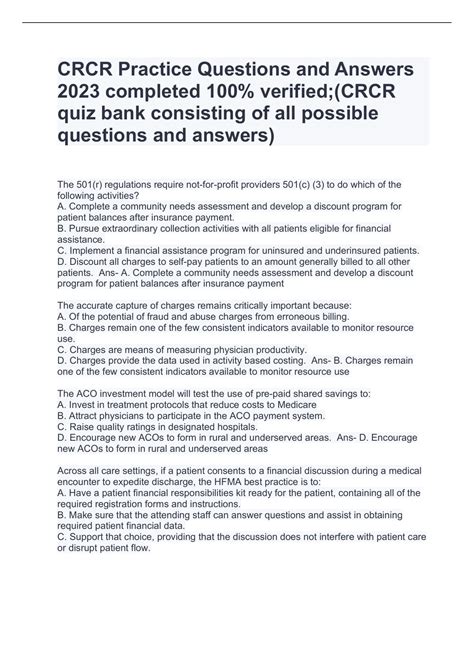 CRCR Practice Questions And Answers 2023 Completed 100 Verified CRCR Quiz Bank Consisting Of