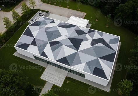Modern Building Facade With Geometric Roof Pattern Aerial View