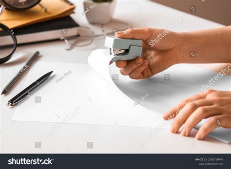 Woman Stapler Paper Sheet Table Closeup Stock Photo 2182719745 Shutterstock