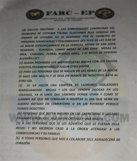Panfleto Amenazante Acabo Con La Tranquilidad En El Norte Del Tolima