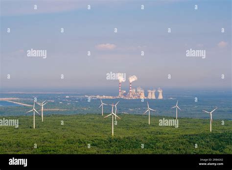 Wind Power Plant Grid Against Traditional Coal Power Station Aerial