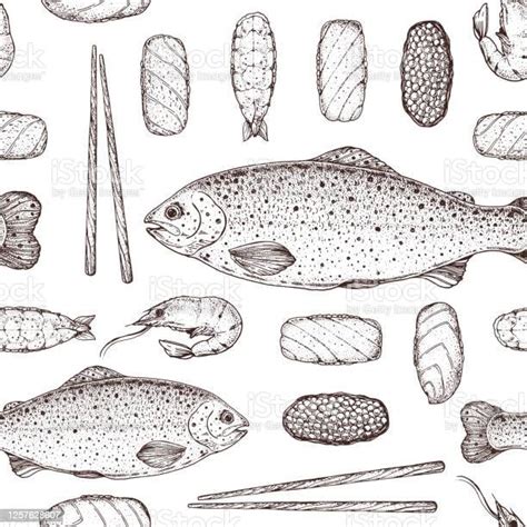 스시 롤 원활한 패턴 벡터 일러스트 손으로 그린 스케치 일본 음식 메뉴 디자인 일본 요리 메뉴빈티지 벡터 요소 복고풍 스타일 디자인 음식과 음료 배경 드로잉에 대한 스톡