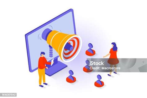 3d 아이소메트릭 디자인의 소셜 미디어 개념 홍보 블로그를 위해 확성기 및 온라인 광고 도구를 사용하고 추종자를 유치하는 사람들