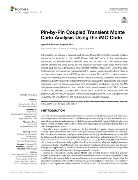 Pdf Pin By Pin Coupled Transient Monte Carlo Analysis Using The Imc Code