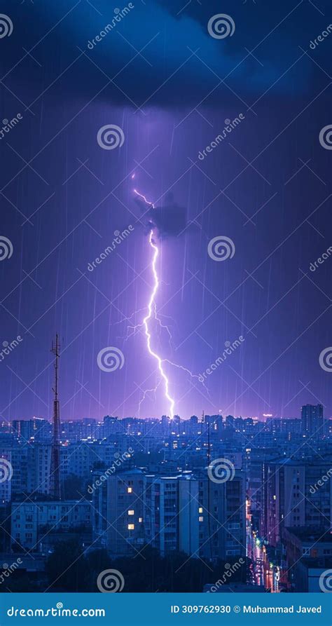 Urban Tempest Cityscape Illuminated By Blue Light During A Lightning