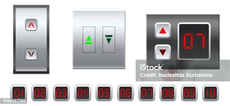 현실적인 엘리베이터 버튼 무대 운송 탐색 반짝이는 숫자 제어판 이동 레벨 스테인리스 건물 복도 홀 인테리어 벡터 격리 요소 세트 강철에 대한 스톡 벡터 아트 및 기타 이미지
