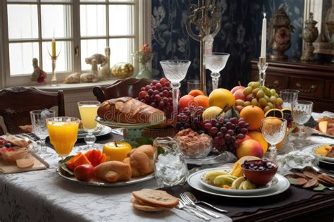Table Setting With Various Types Of Food And Drink Including Pastries Cheeses Fruits And