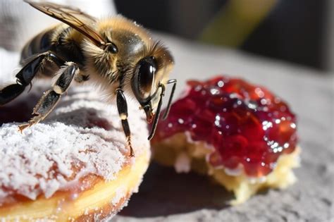 Premium Photo Bee Inspecting A Powdered Jelly Donut