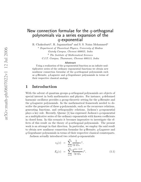 Pdf New Connection Formulae For The Q Orthogonal Polynomials Via A