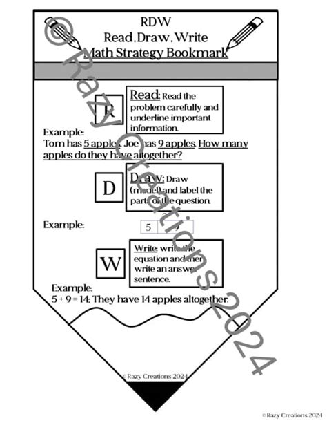 Read Draw Write Bookmark Problem Solving Strategy Rdw By Razy Creations