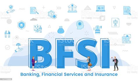 Bfsi 은행 금융 서비스 및 보험 개념에는 큰 단어와 파란색 스타일로 관련 아이콘으로 둘러싸인 사람들이 있습니다 개념에 대한