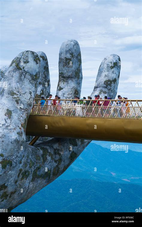 Golden Bridge Sun World Ba Na Hills Danang Vietnam Asia Stock Photo