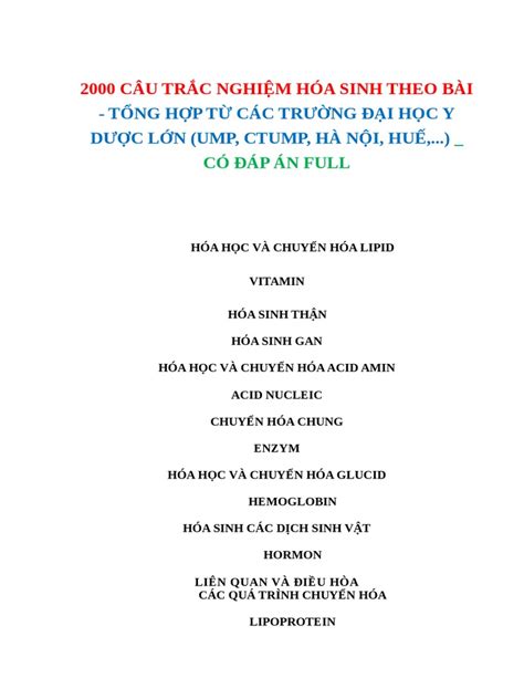 (123doc) 2000 Cau Trac Nghiem Mon Hoa Sinh Theo Bai Co Dap An Full | PDF