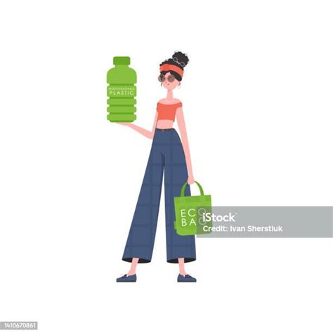 한 여성이 생분해 성 플라스틱으로 만든 병을 손에 들고 있습니다 생태학과 환경 보호의 개념 흰색 배경에 고립되어 있습니다 벡터의 패션 트렌드 일러스트레이션 가방에 대한 스톡