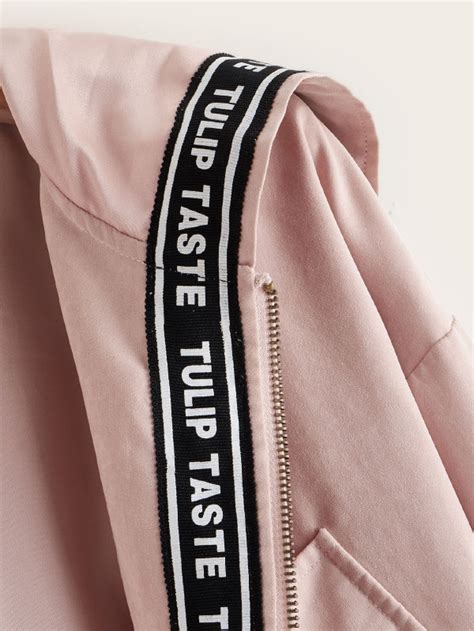 SHEIN EZwear Letter Tape Trim Drawstring Waist Zip Up Hooded Coat SHEIN UK
