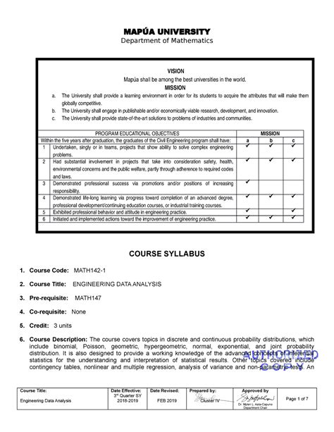 Math142 1 Syllabus Summary Engineering And Data Analysis Studocu
