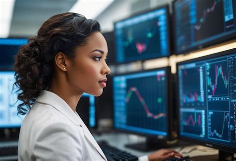 A Female Scientist In A Modern Laboratory Analyzing Data On Multiple