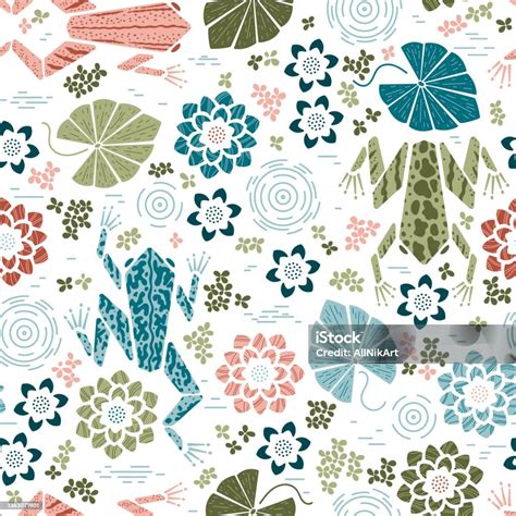 연못 원활한 패턴 늪 개구리와 식물 벡터 배경 물 백합 꽃과 잎 습지 개구리 만화 기하학적 스타일 늪에 대한 스톡 벡터 아트 및 기타 이미지 Istock