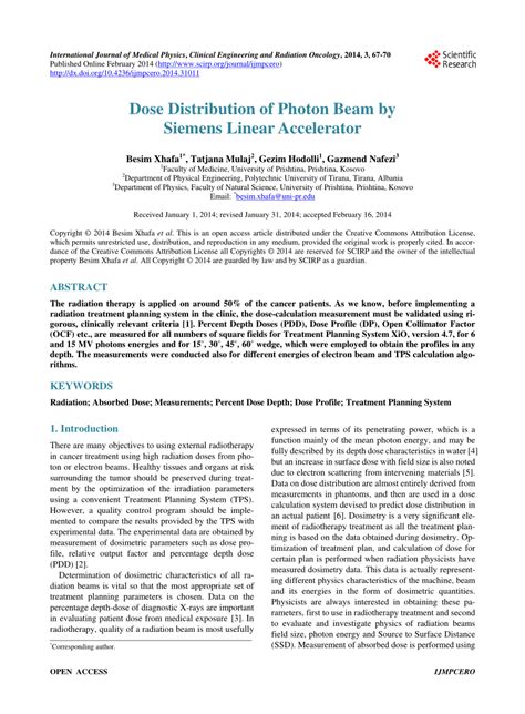 Pdf Dose Distribution Of Photon Beam By Siemens Linear Accelerator