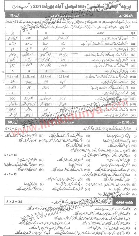 Past Papers 2015 Faisalabad Board 9th Class General Science Group 2 Urdu Medium