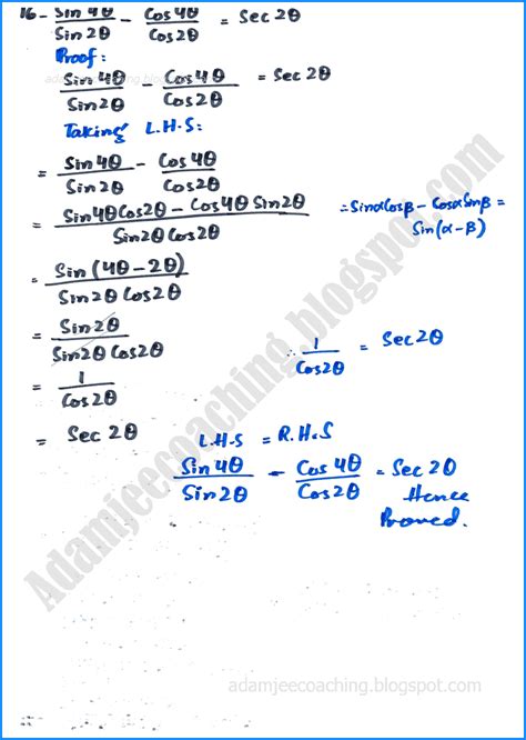 Adamjee Coaching Trigonometric Identities Of Sum And Difference Of