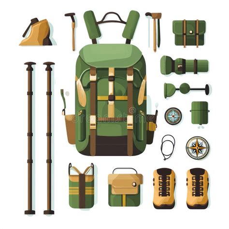 Hiking Gear Illustration Backpack Boots Trekking Poles And Compass