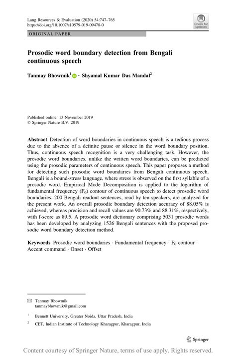 Prosodic Word Boundary Detection From Bengali Continuous Speech Request Pdf