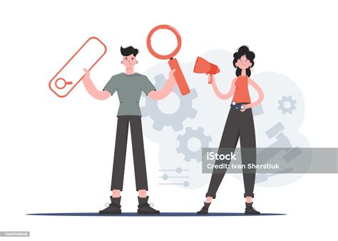 한 남자와 한 여자가 확성기로 완전히 성장하고 있습니다 인적 자원 프리젠 테이션 사이트를위한 요소 개념에 대한 스톡 벡터 아트