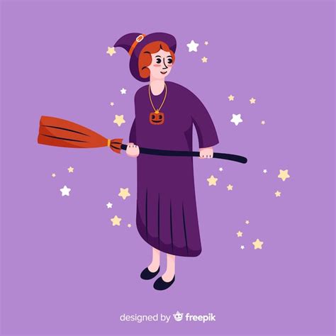 빗자루와 귀여운 할로윈 마녀 무료 벡터