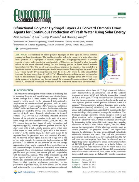 Pdf Bifunctional Polymer Hydrogel Layers As Forward Osmosis Draw